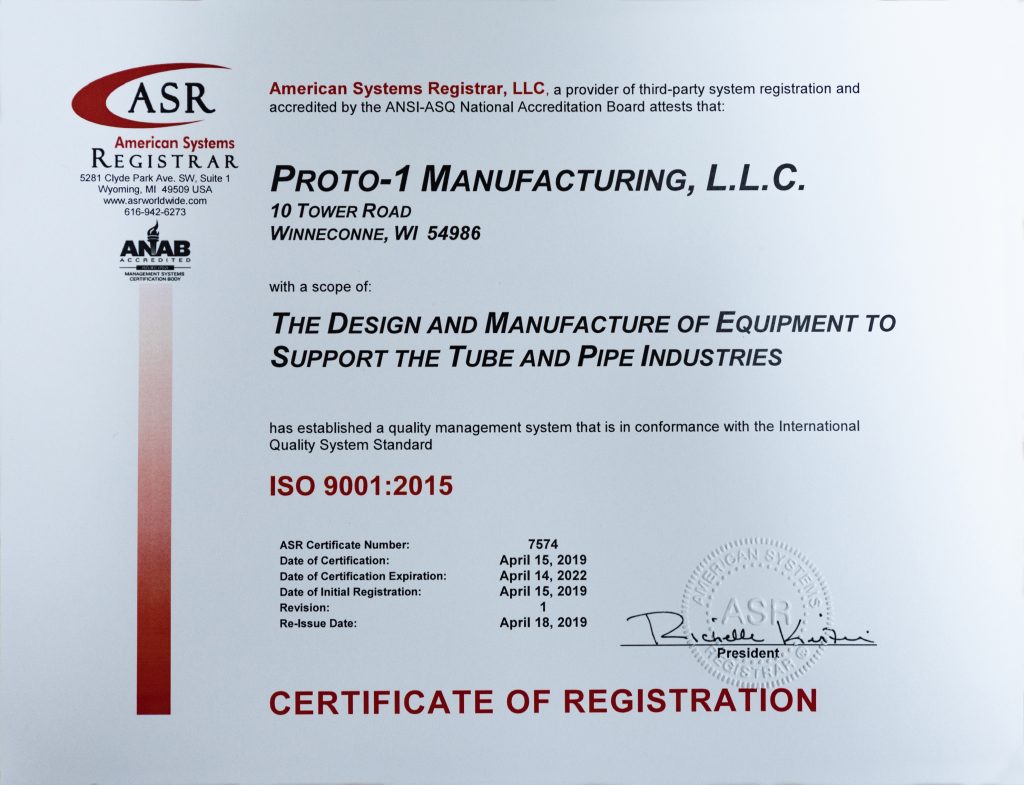 ISO 9001:2015 | Proto-1 Manufacturing LLC